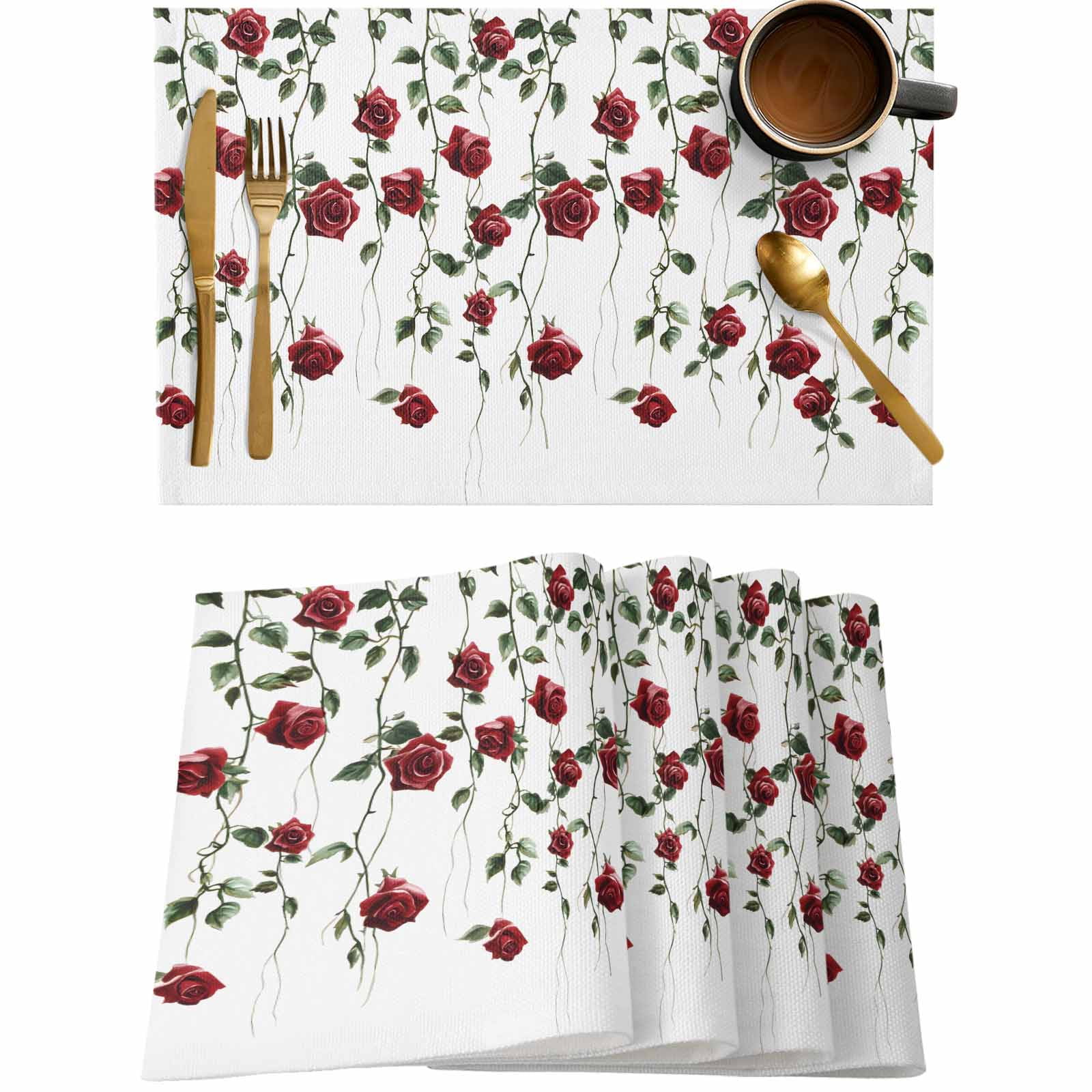 Red Rose Flower Valentine's Day Placemats Set of 4,Wipeable Washable ...