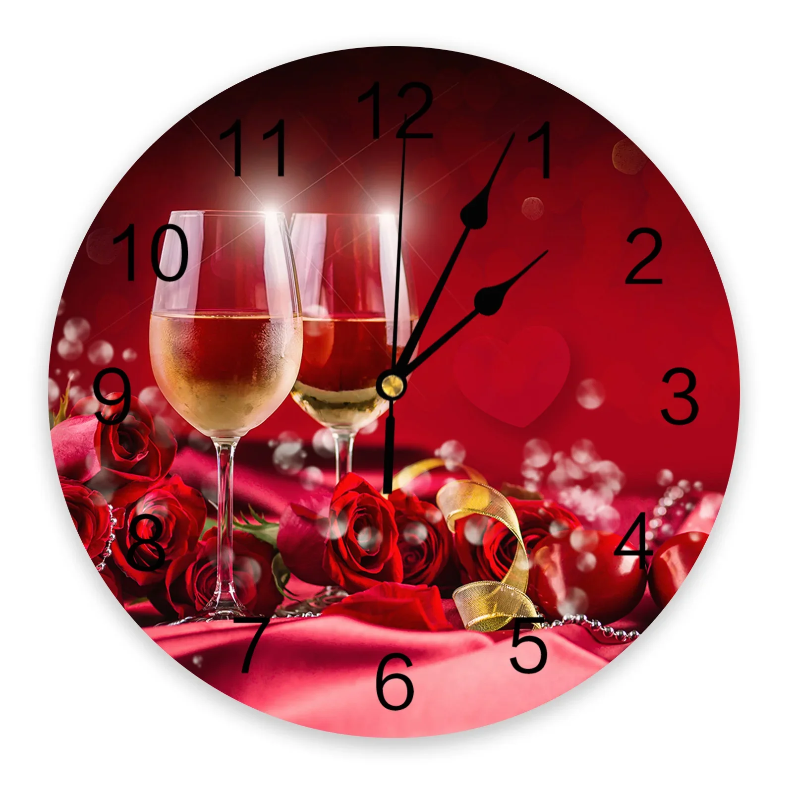Red Rose Flower Wine Gift Round Wall Clock Acrylic Hanging Silent Time ...