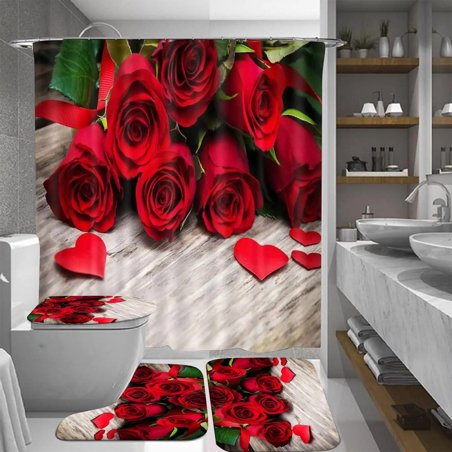 Red Rose Flowers Bathroom Curtains Black Fabric Shower Curtain Set Bath