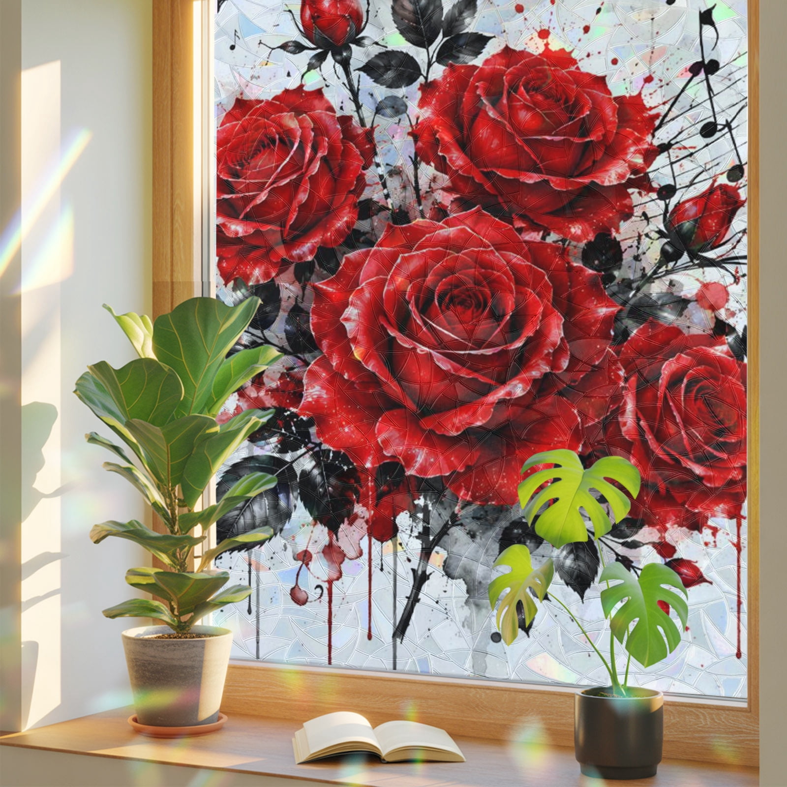 Red Rose Flowers Butterfly Window Privacy Film, Rainbow Film Decorative ...