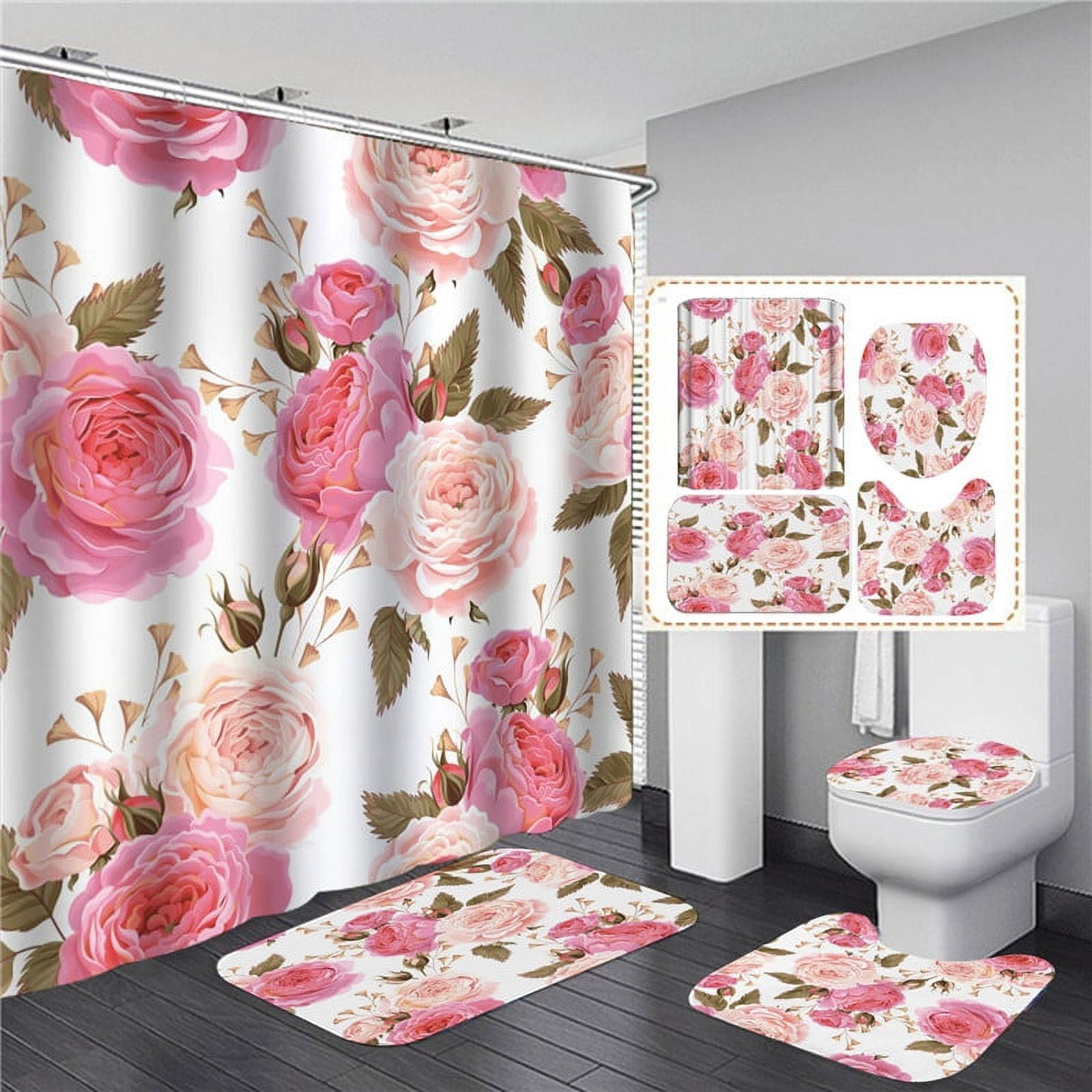 Red Rose Flowers Pattern Shower Curtain Set with Rugs Waterproof ...