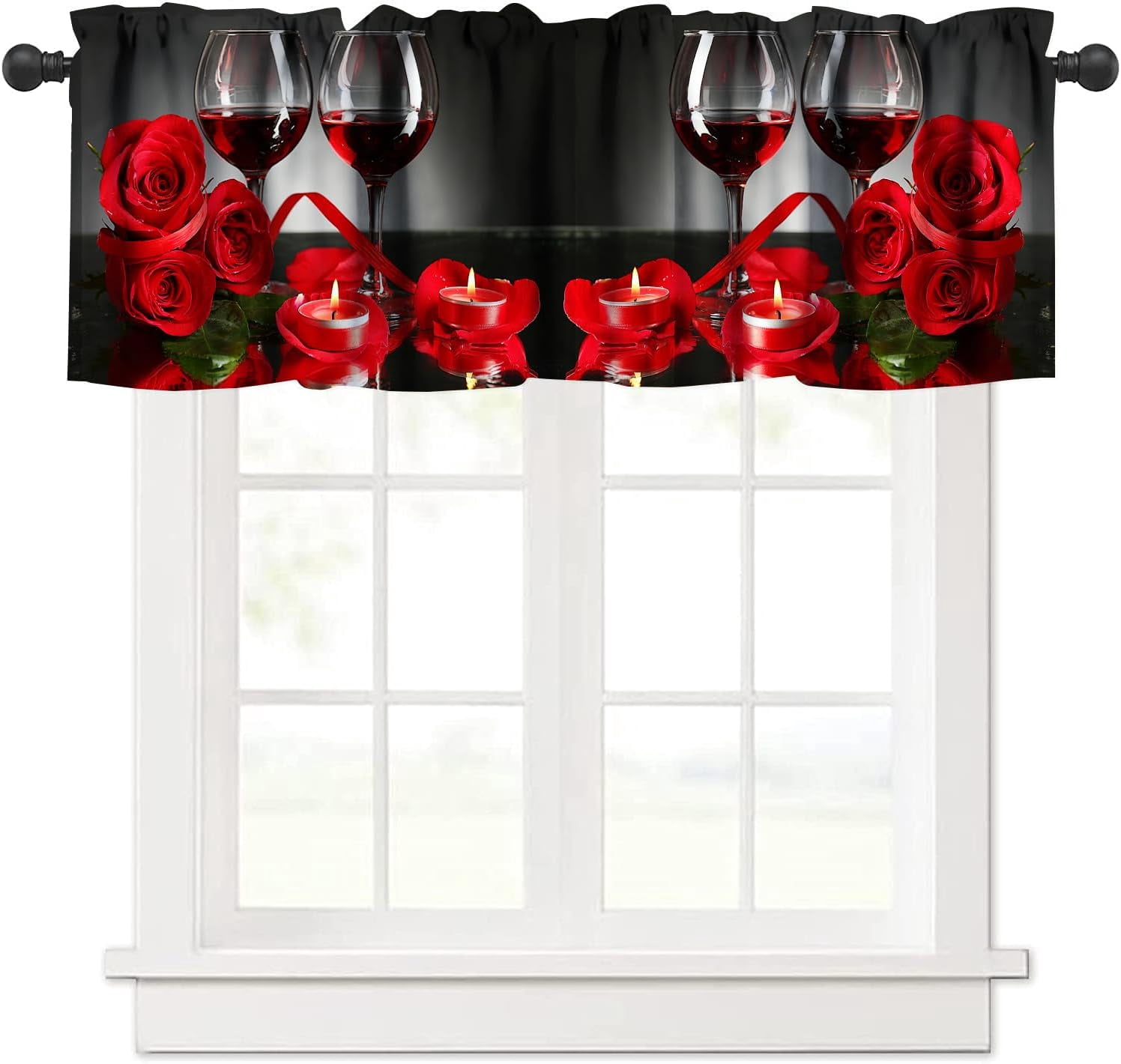 Red Rose Flowers and Wine Kitchen Curtains Valance, Red Wine with Rose ...