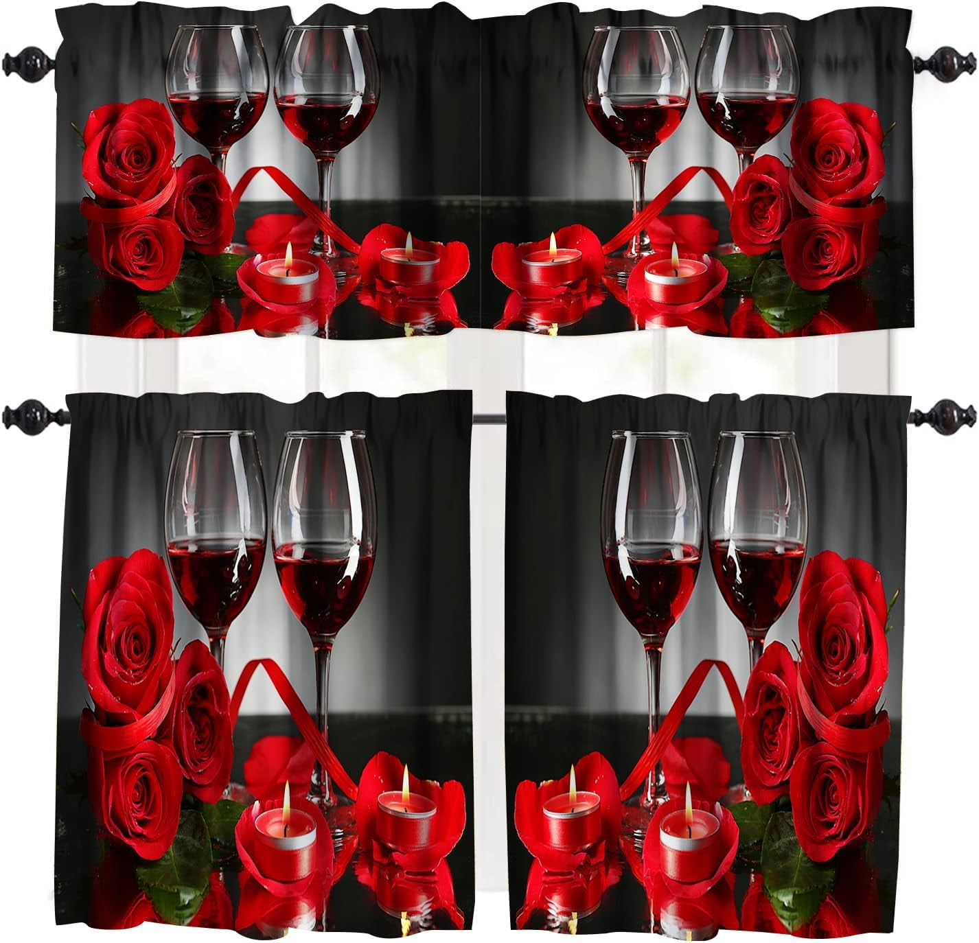 Red Rose Flowers and Wine Kitchen Curtains Valance, Red Wine with Rose ...