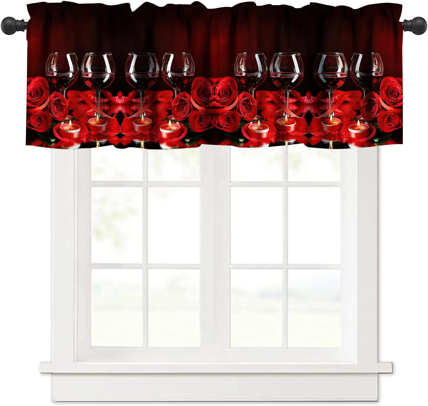 Red Rose Flowers and Wine Kitchen Curtains Valance, Romantic Red Rose ...