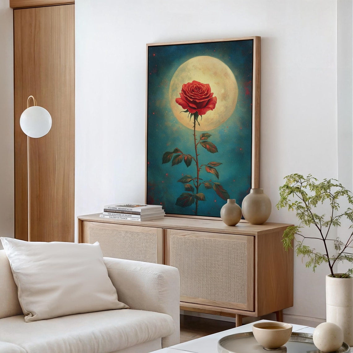 Red Rose Under Full Moon Art - Romantic Floral Night Sky Painting ...