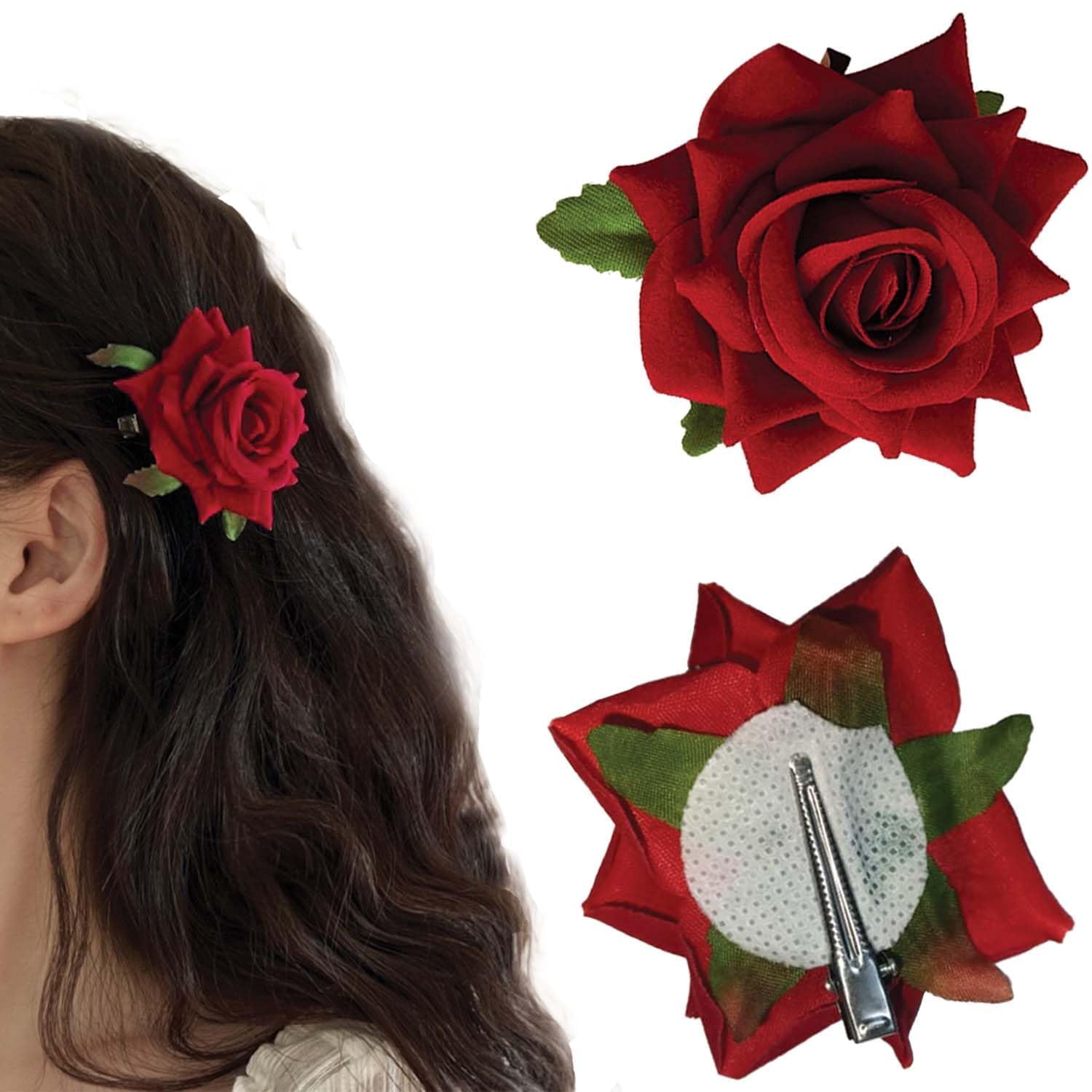Red Rose Hair Clip Floral Hair Accessory with Green Leaves Decorative ...