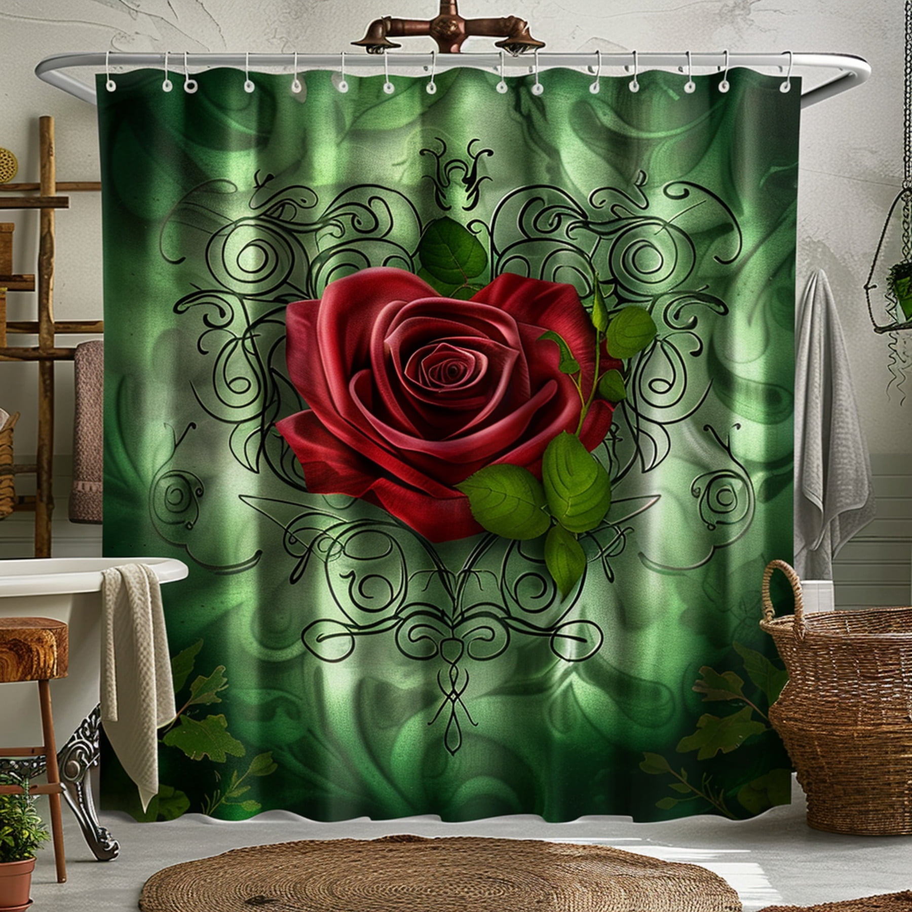 Red Rose Heart Gothic Bathroom Shower Curtain with Swirls and Vines ...