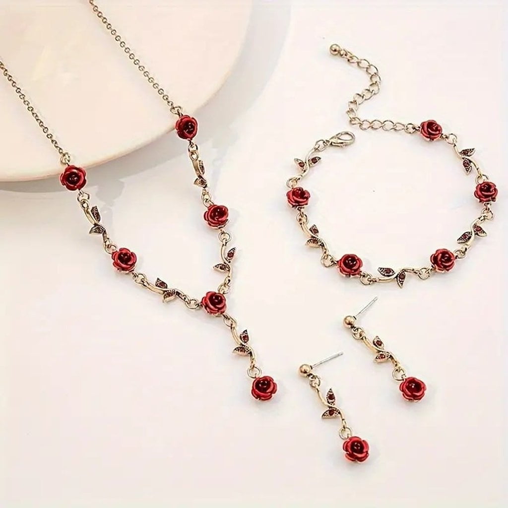 Red Rose Jewelry Set Silver Necklace Bracelet and Earrings for ...