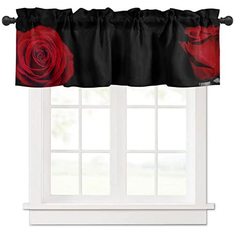 Red Rose Kitchen Curtain Valance and Tiers Set Red and Black Rose ...