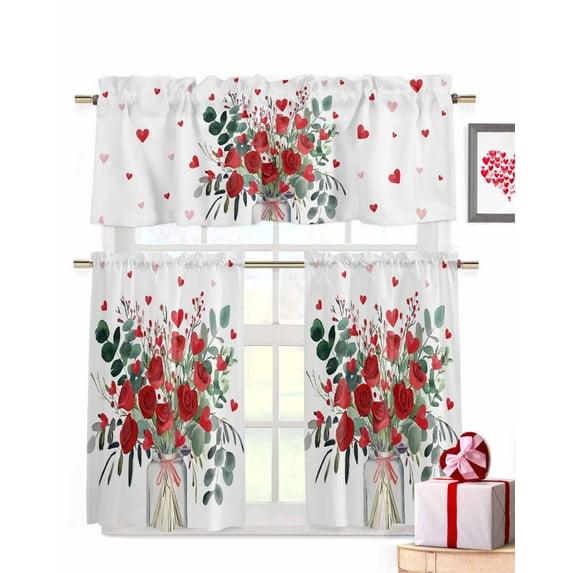 Red Rose Kitchen Curtains Valances and Tiers Set of 3, 36 Inch Length ...