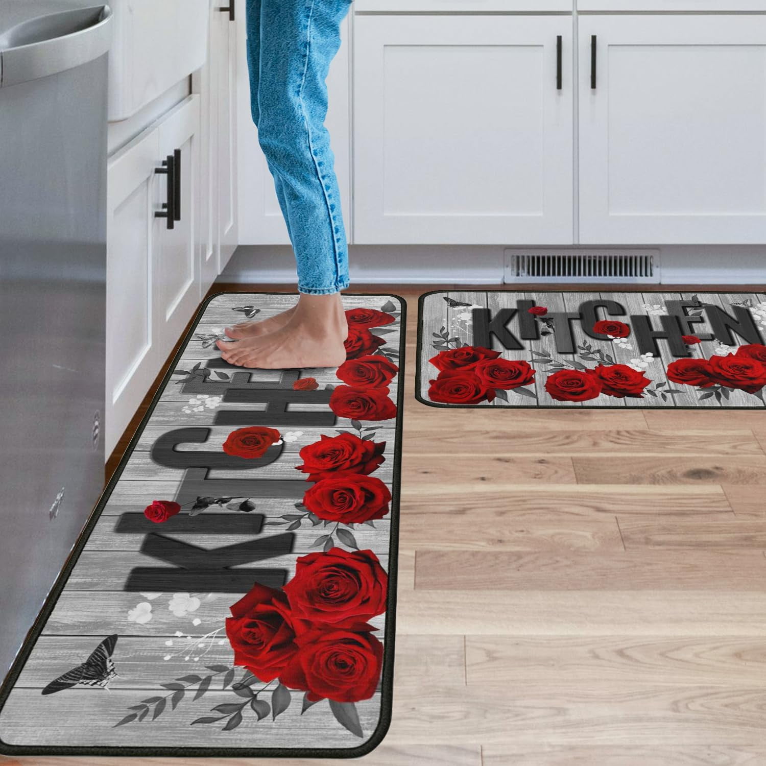 Red Rose Kitchen Rugs and Mats Non Skid Washable, Red Kitchen Sink Mat ...