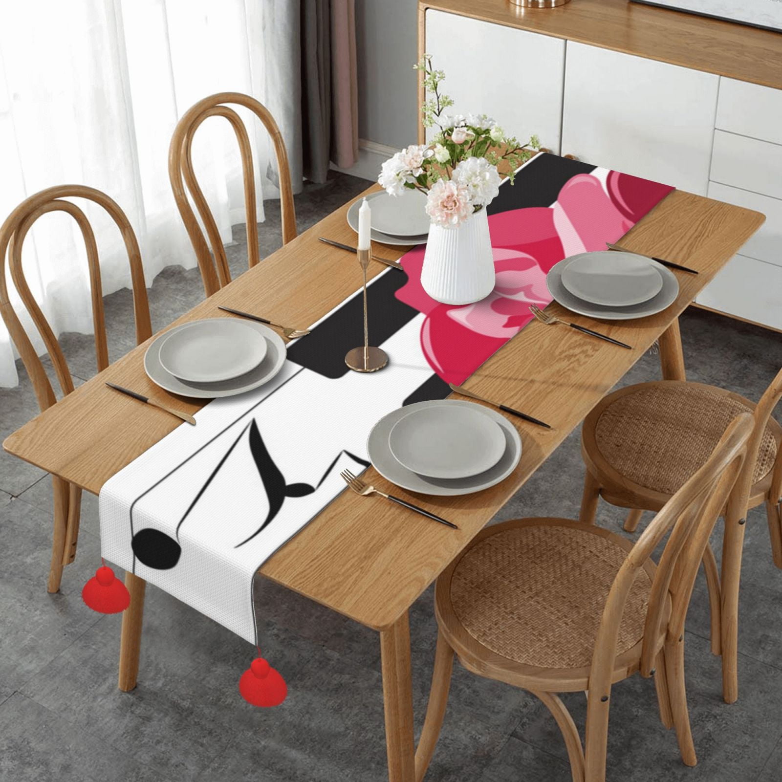 Red Rose On Piano Musical Notes Table Runner, Imitation Linen Table ...