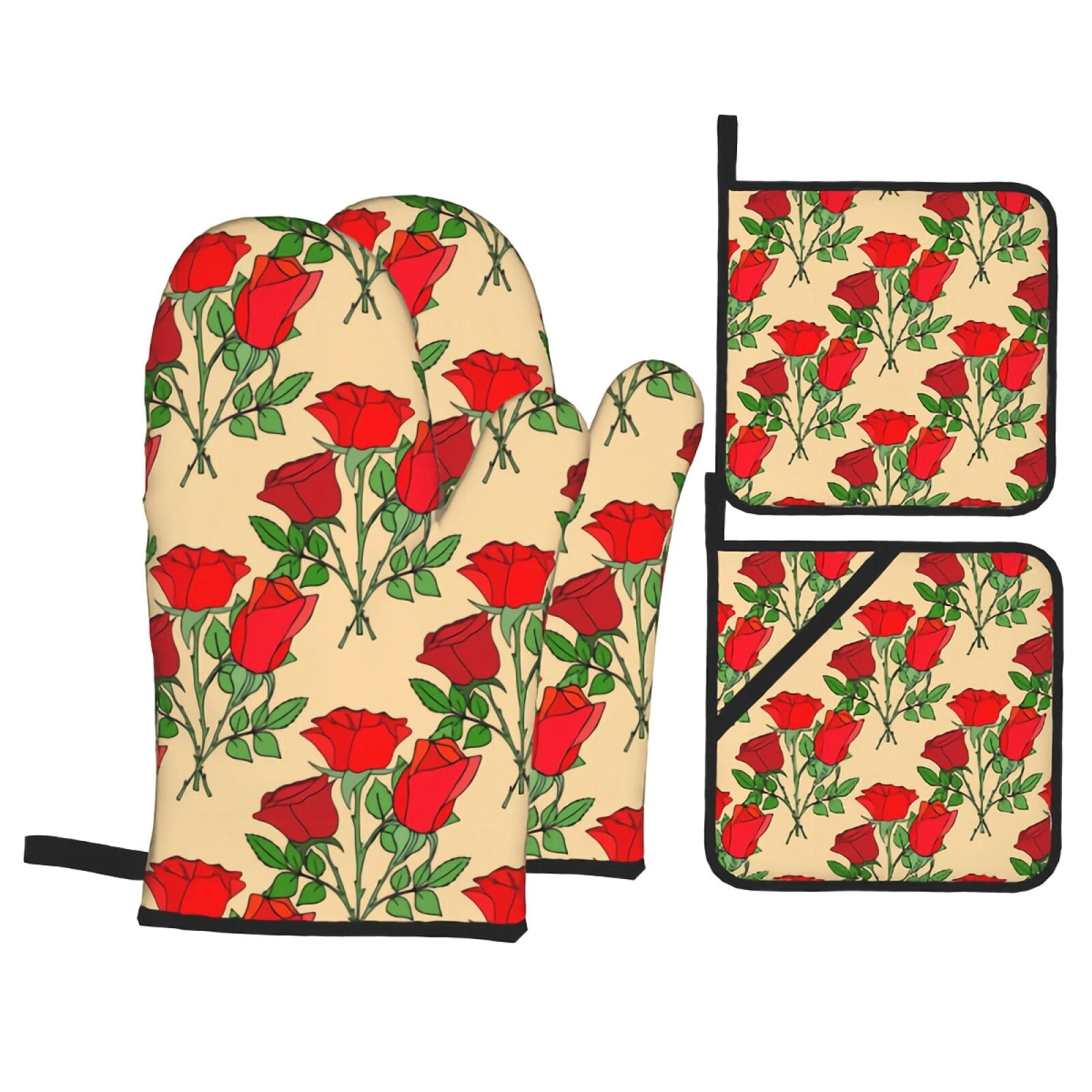 Red Rose Oven Mitts and Pot Holders Sets Heat Resistant for Safe BBQ ...