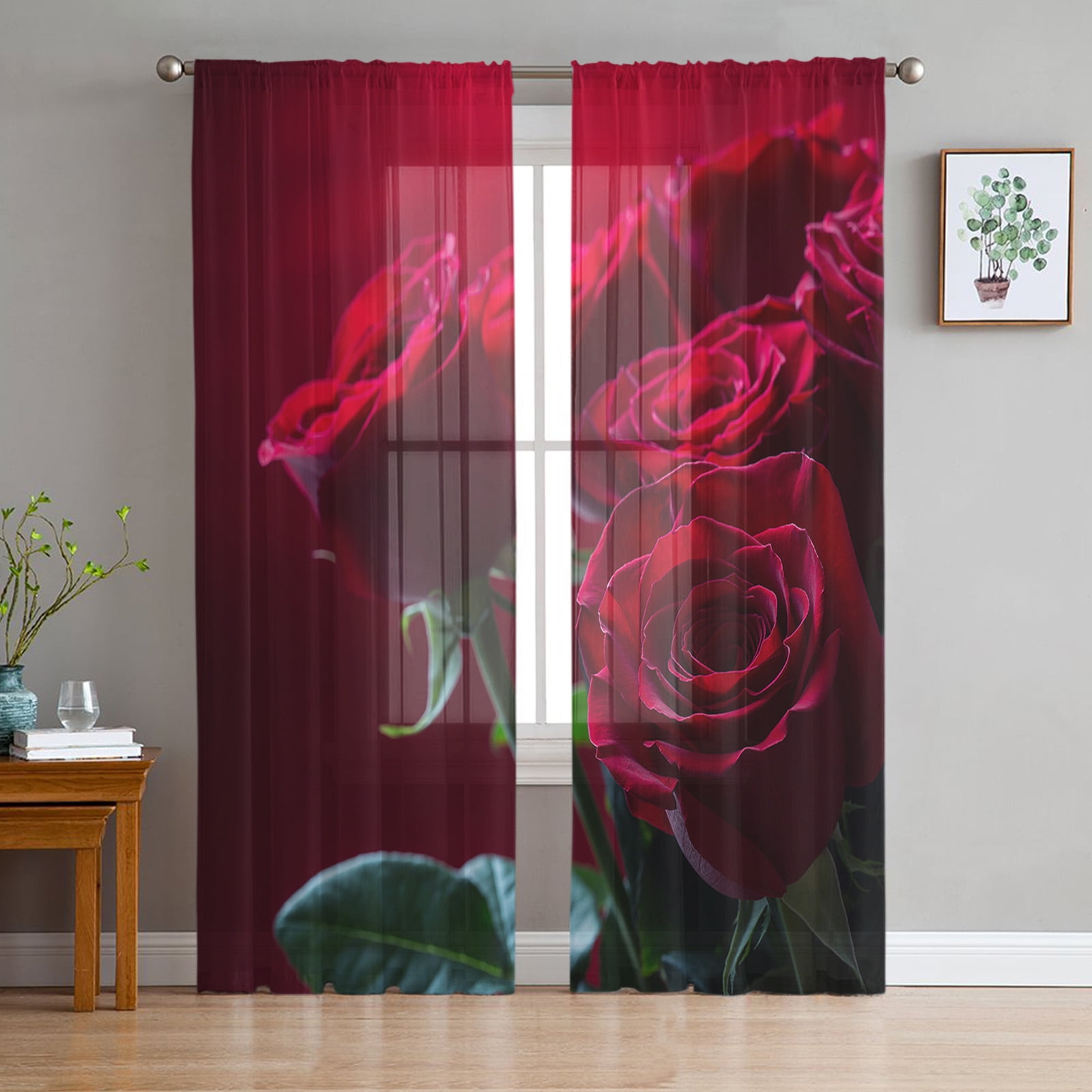 Red Rose Printed Curtains Drape Sheer Tulle Home ration Living Room ...