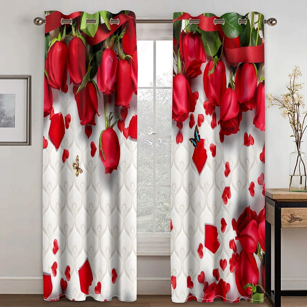 Red Rose Printed Digital Printing Bedroom Living Room Window Curtain 2 ...