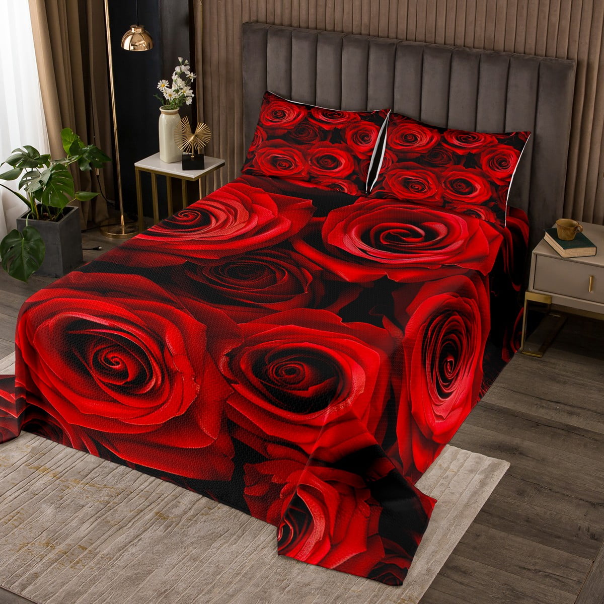 Red Rose Quilt Set Twin Size, Ombre Red Black Floral Bedspread Set ...