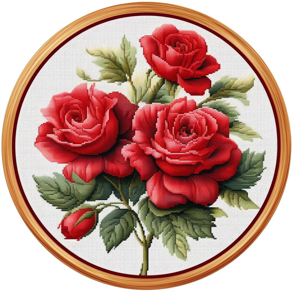 Red Rose Round Shape Stamped Cross Stitch Kits for Beginners Easy with ...