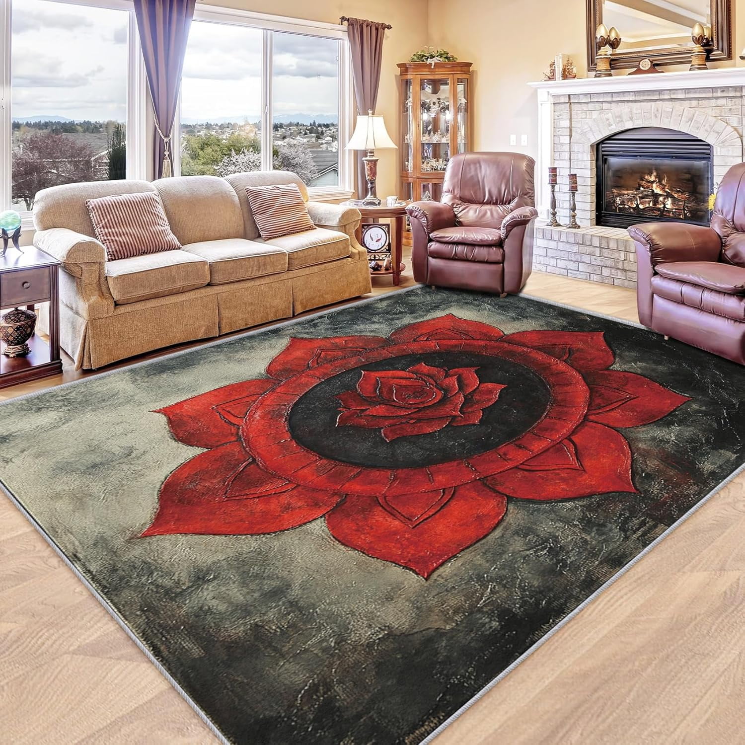 Red Rose Rug Washable Chic Floral Rugs For Living Room Bedroom ...
