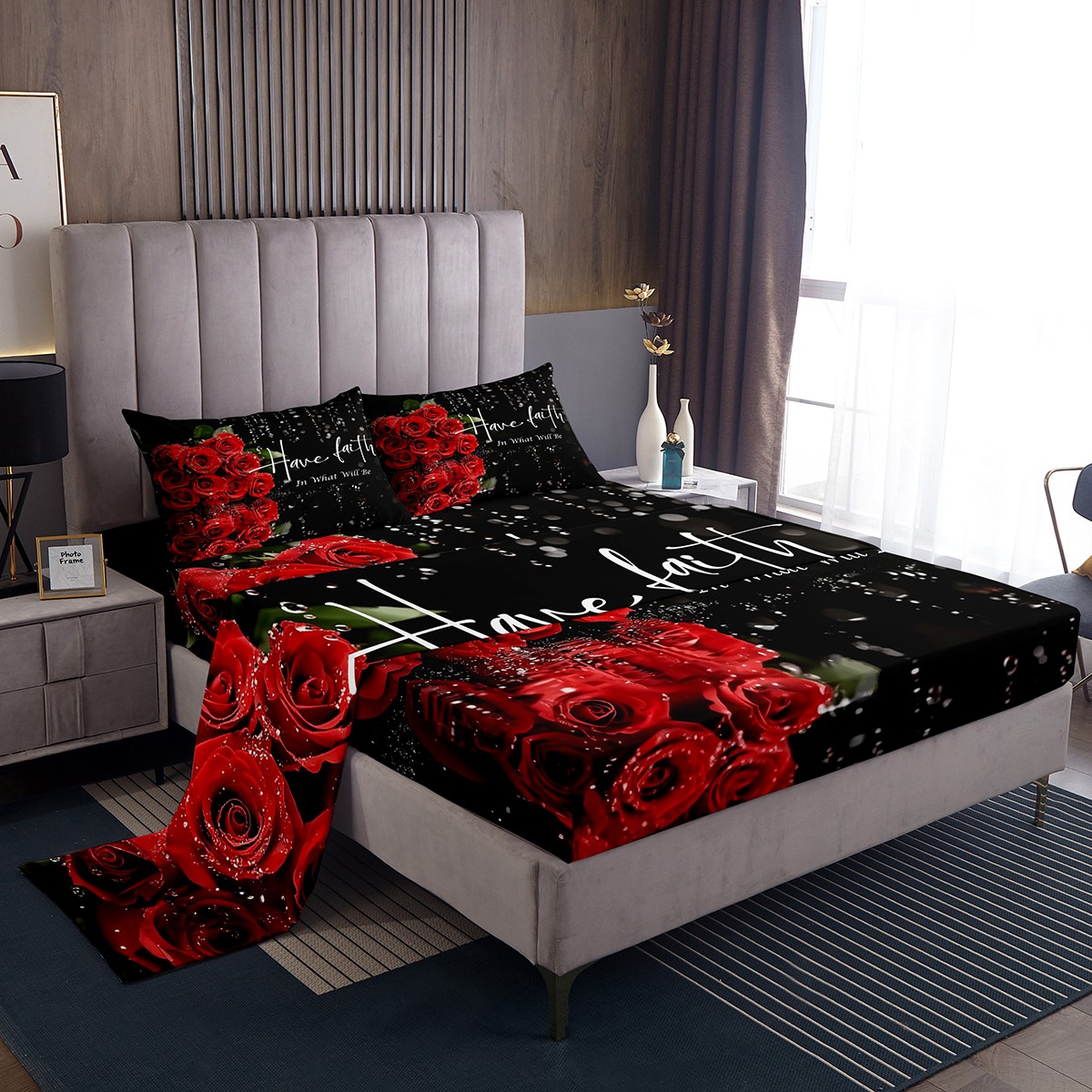 Red Rose Sheet Set Blooming Floral Botanical Leaf Sheets For Women ...