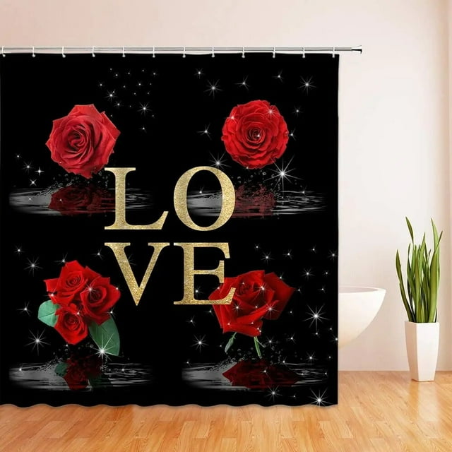 Red Rose Shower Curtain Creative Love Floral Black Red Rose Flower ...