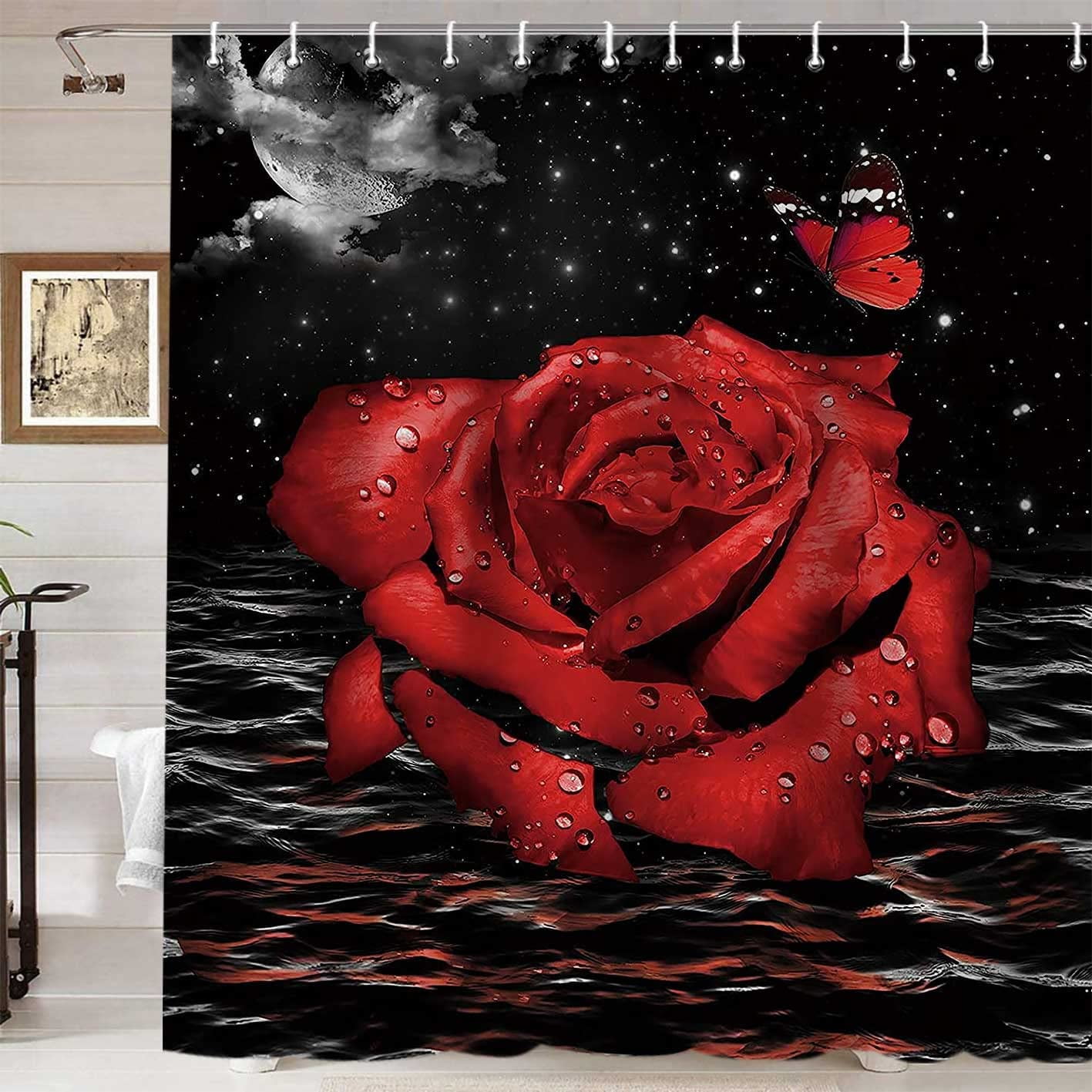 Red Rose Shower Curtain, Full Moon Galaxy Starry Sky Sea Butterfly ...