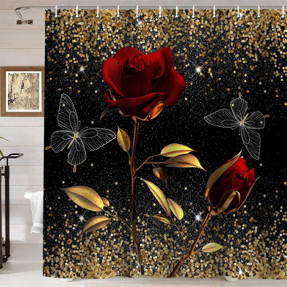 Red Rose Shower Curtain, Luxury Gold Glitter Sparkling Leaves Butterfly ...