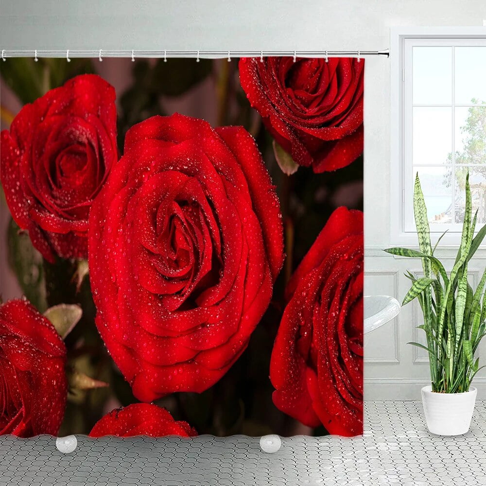 Red Rose Shower Curtain Natural Flower Green Leaves Plant Petal 3D ...