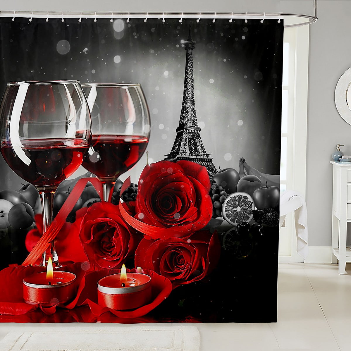 Red Rose Shower Curtain, Romantic 3D Rose Waterproof Fabric Shower ...