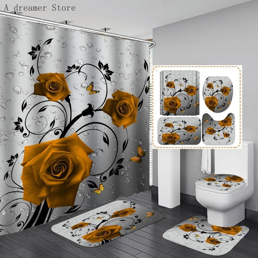 Red Rose Shower Curtain Sets Flowers Valentine‘s Day Bathroom Decor
