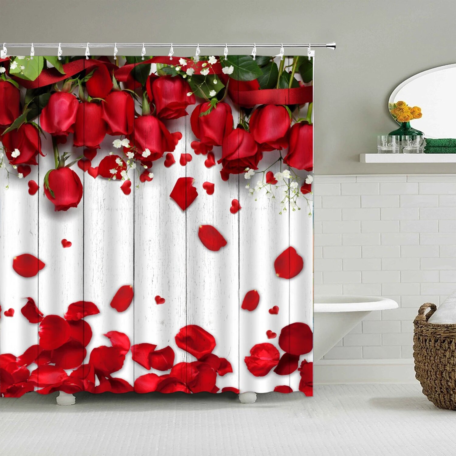 Red Rose Shower Curtain Valentine Butterfly Gold Glowing Moon Vintage