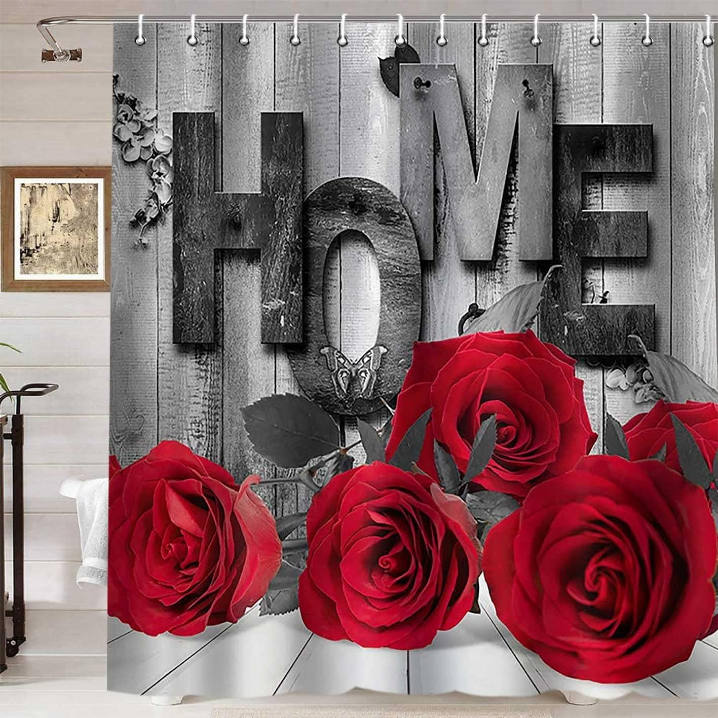 Red Rose Shower Curtain, Vintage Rustic Wooden Board Butterfly Blooming ...