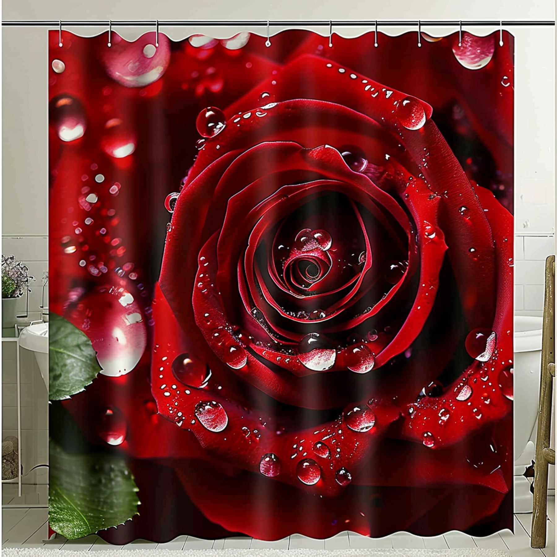 Red Rose Shower Curtain With Water Droplets Bathroom Decor Featuring