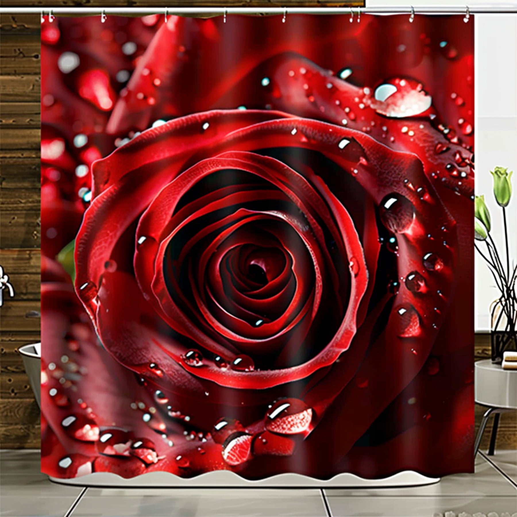 Red Rose Shower Curtain With Water Droplets Romantic Bathroom Decor