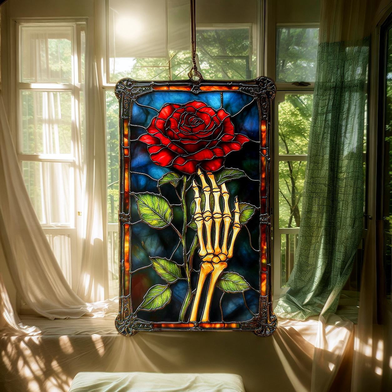 Red Rose Skeleton Hand Wavy Acrylic Suncatcher, Dark Floral Faux Wavy ...