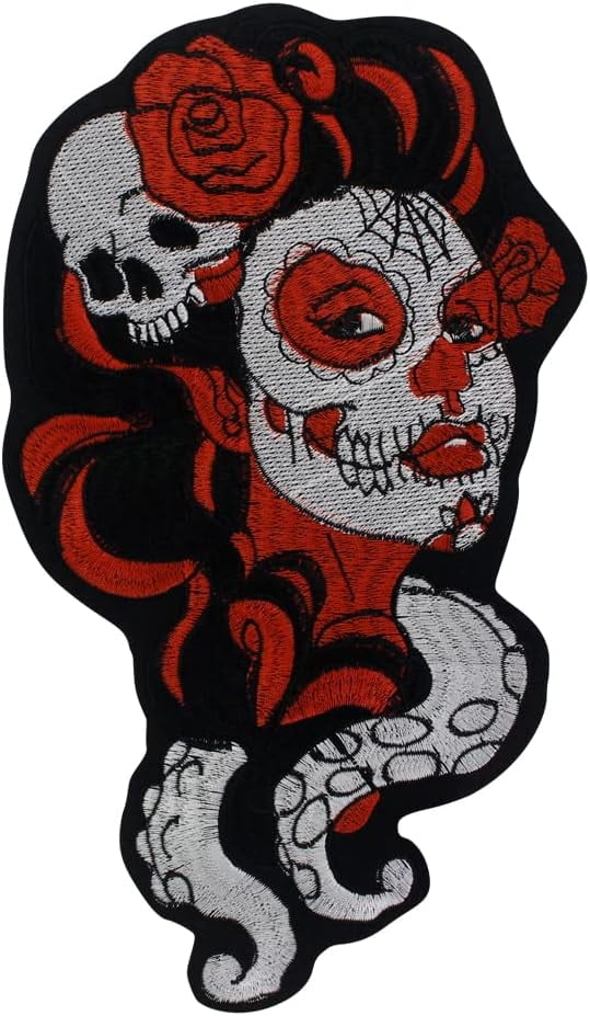 Red Rose Skull Embroidered Patch Female Applique Punk DIY Jacket Badge ...