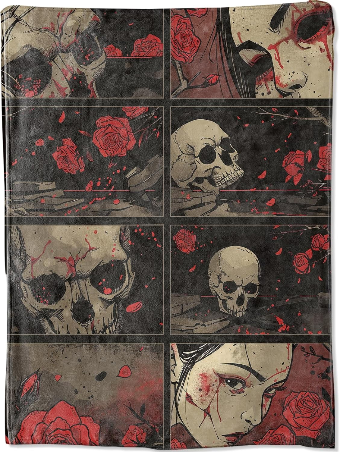 Red Rose Skull Throw Blanket, Dark Blood Face Comic Illustration ...