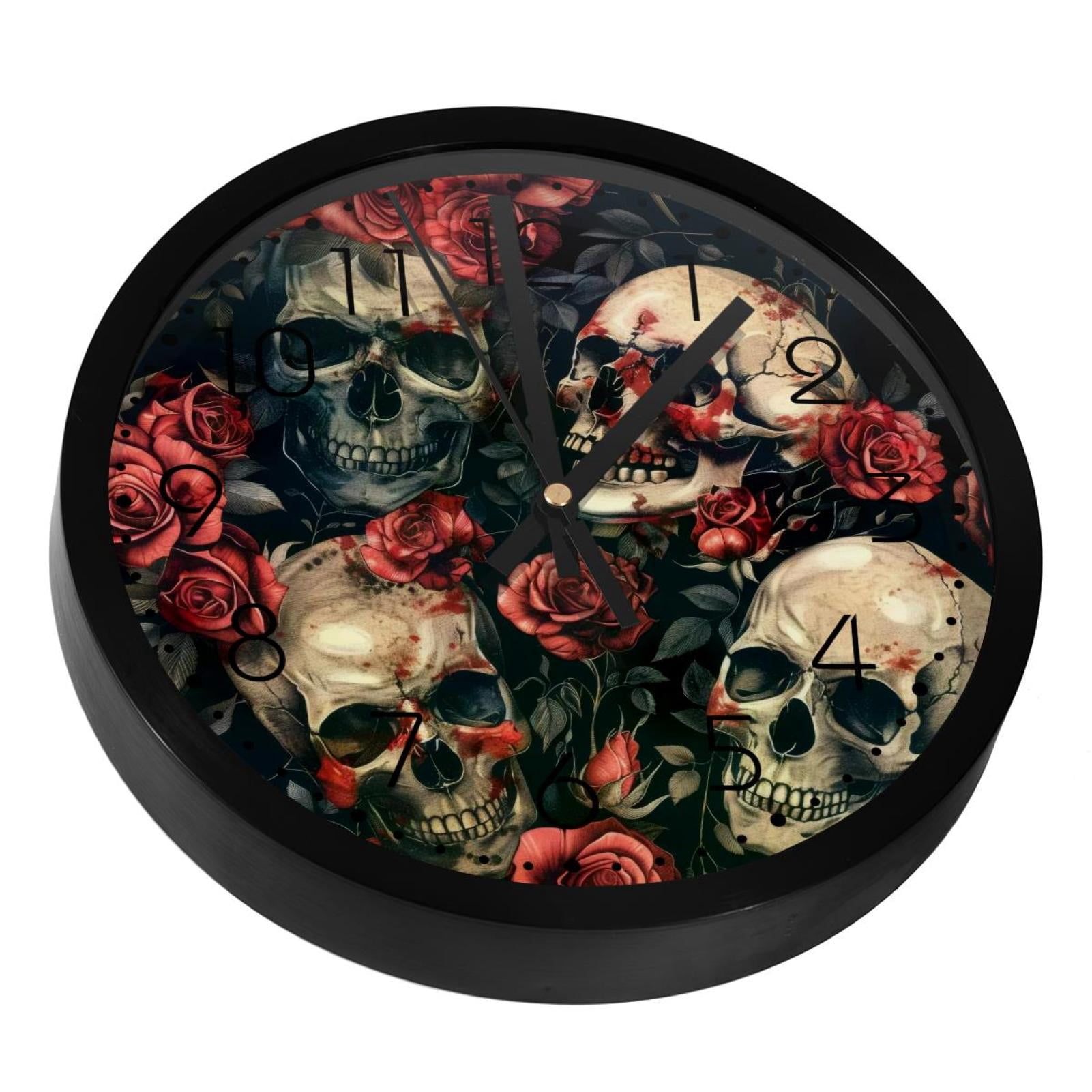 Red Rose Splash on Skull Silent Wall Clock, Non Ticking Battery ...