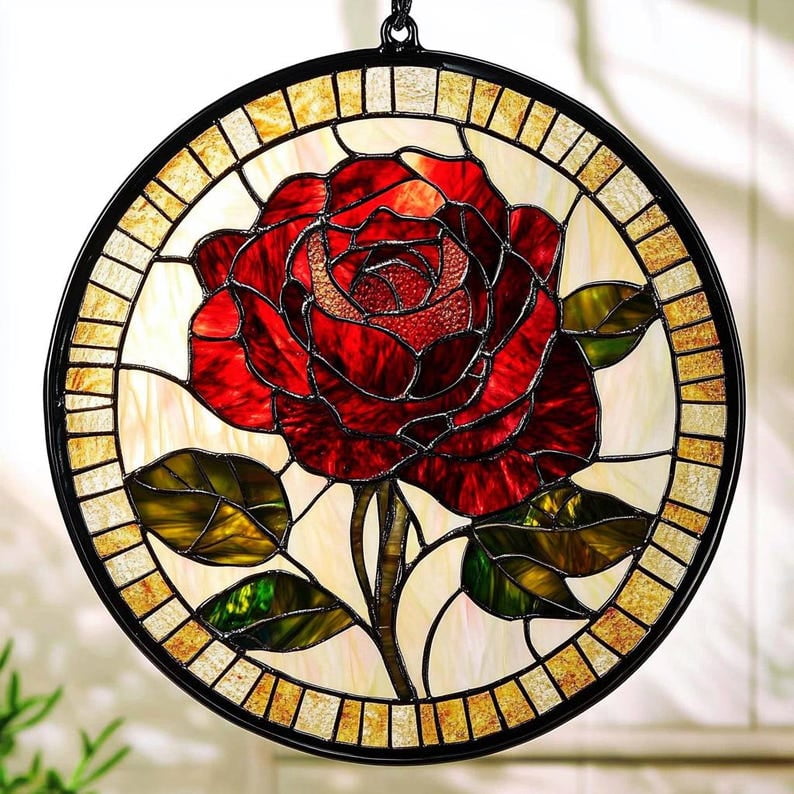 Red Rose Stained Glass Suncatcher, Faux Stained Glass Window Hanging ...