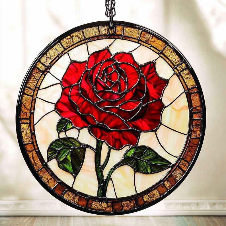 Red Rose Stained Glass Suncatcher, Faux Stained Glass Window Hanging ...
