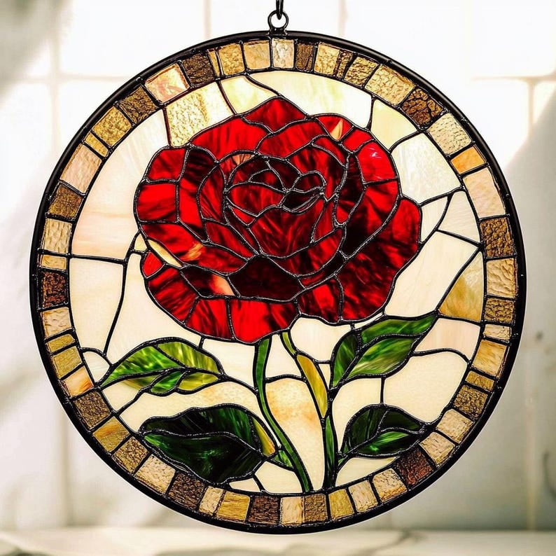 Red Rose Stained Glass Suncatcher, Faux Stained Glass Window Hanging ...
