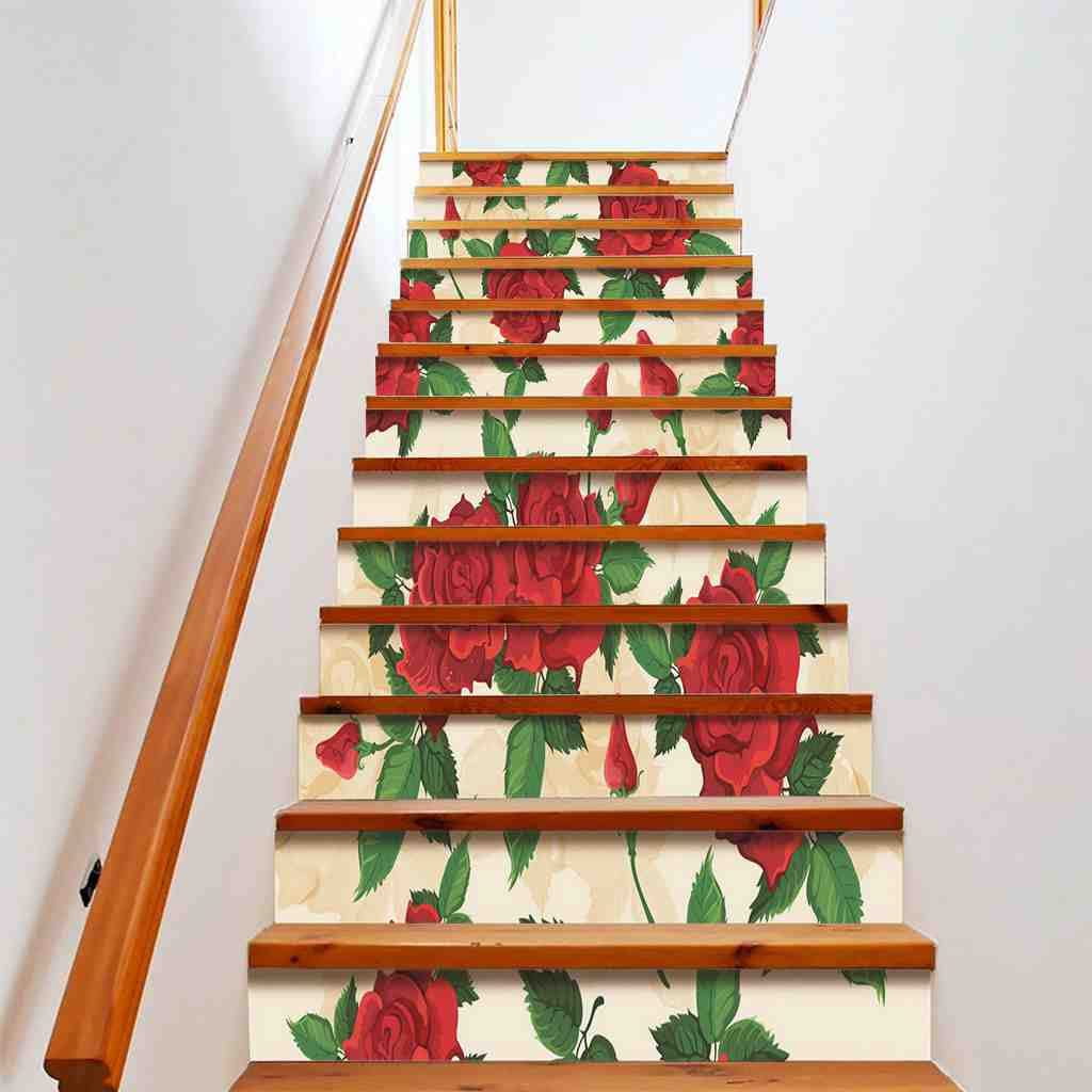 Red Rose Stair Stickers Romantic Flowers Staircase Murals Valentine's ...