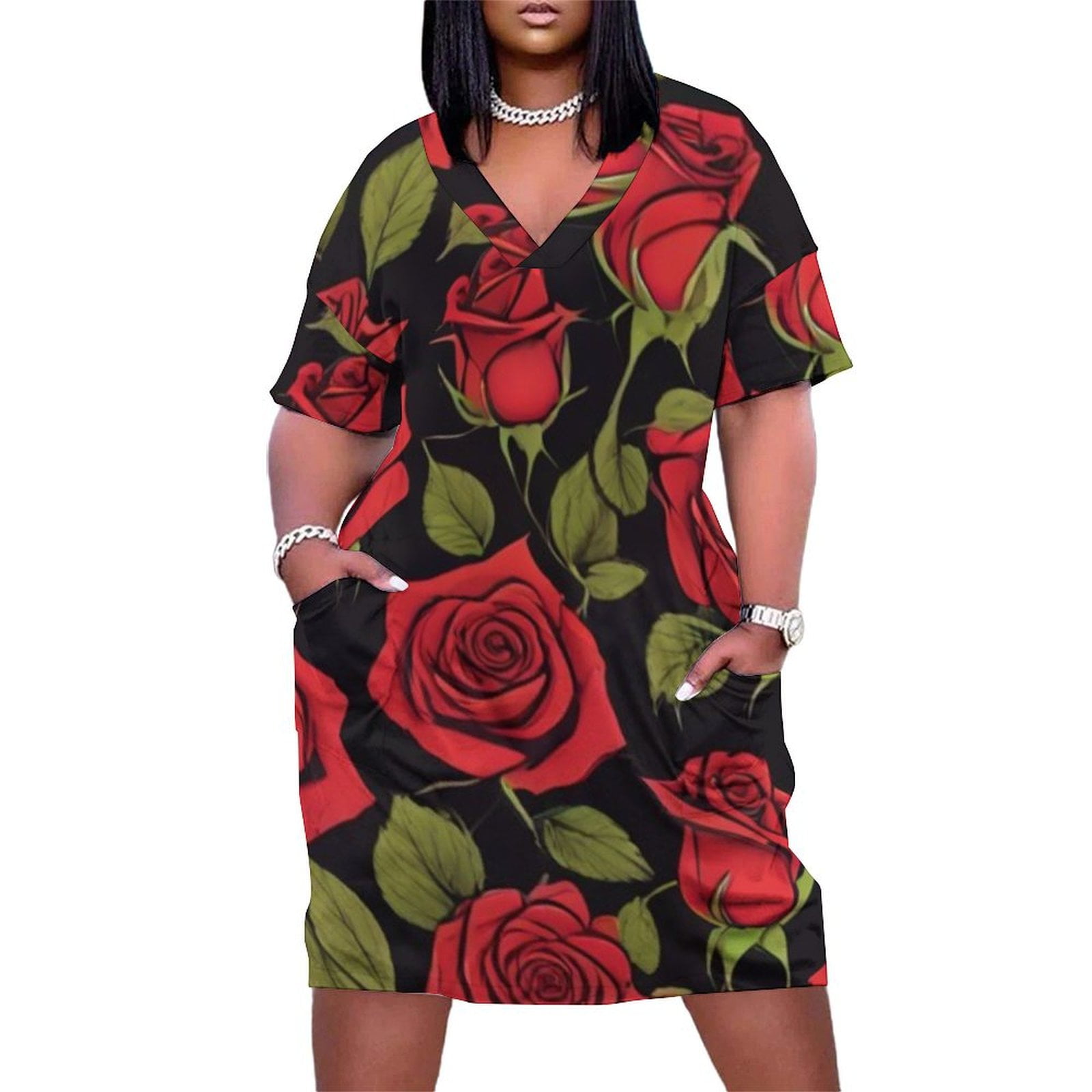 Red Rose Summer Sundress for Curve Women Casual Pattern Plus Size V ...