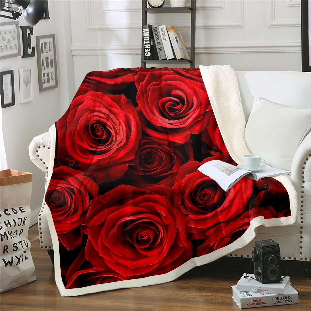 Red Rose Throw Blanket Queen Size, Ombre Red Black Floral Fleece ...