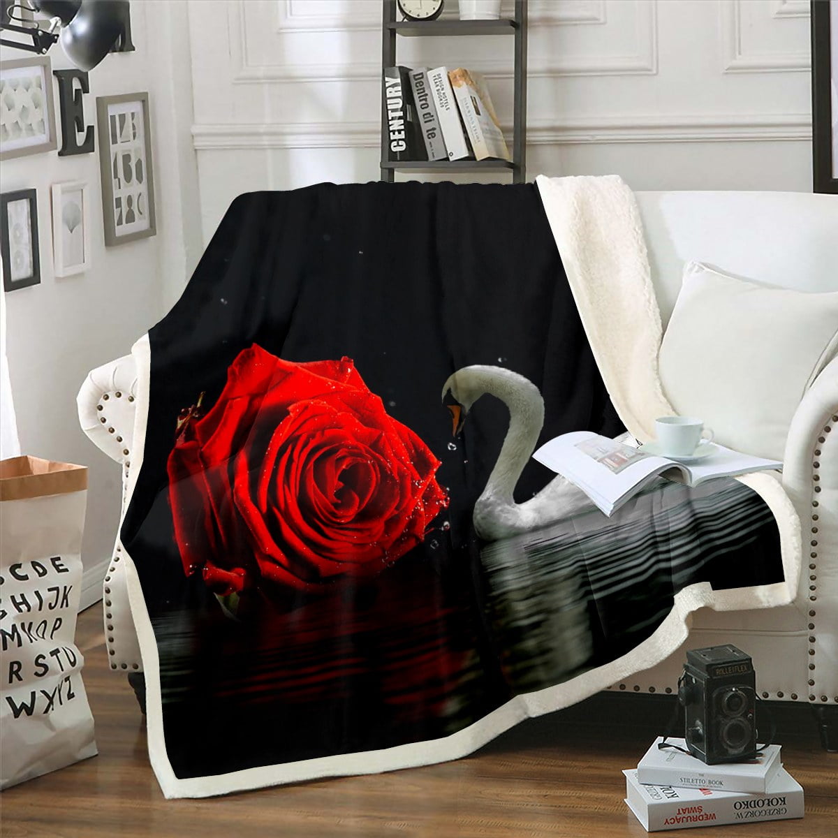 Red Rose Throw Blanket White Swan Blanket 30"x40",Birds Fleece Blanket ...