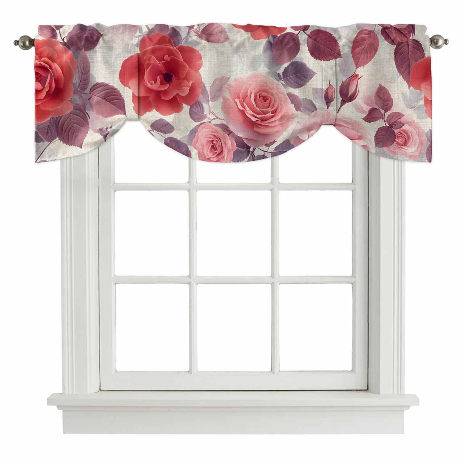 Red Rose Tie Up Valance for Windows, Spring Pink Rural Pastoral Flower ...