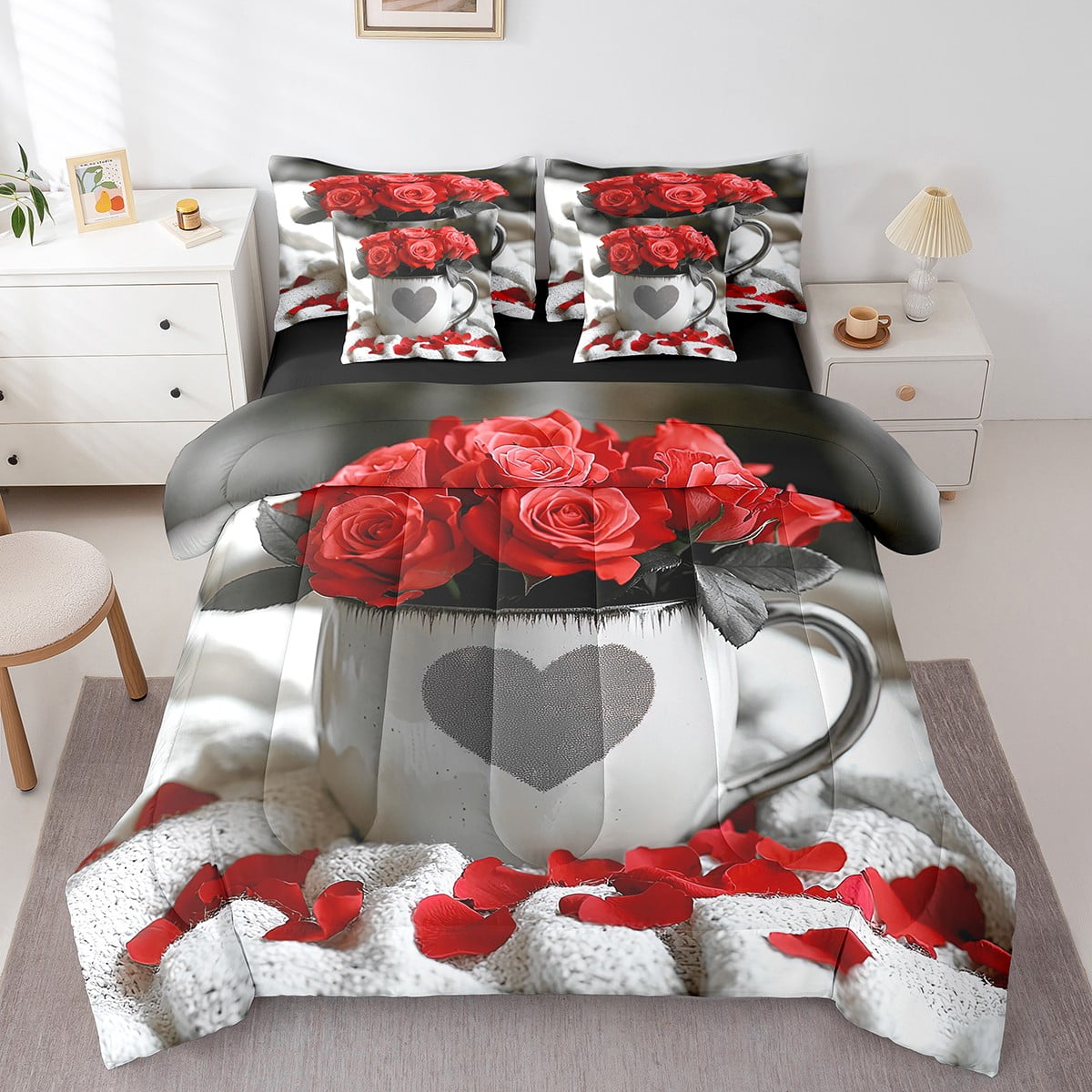 Red Rose Twin Comforter Set 7 Piece Lovers Women,Vintage Farmhouse ...
