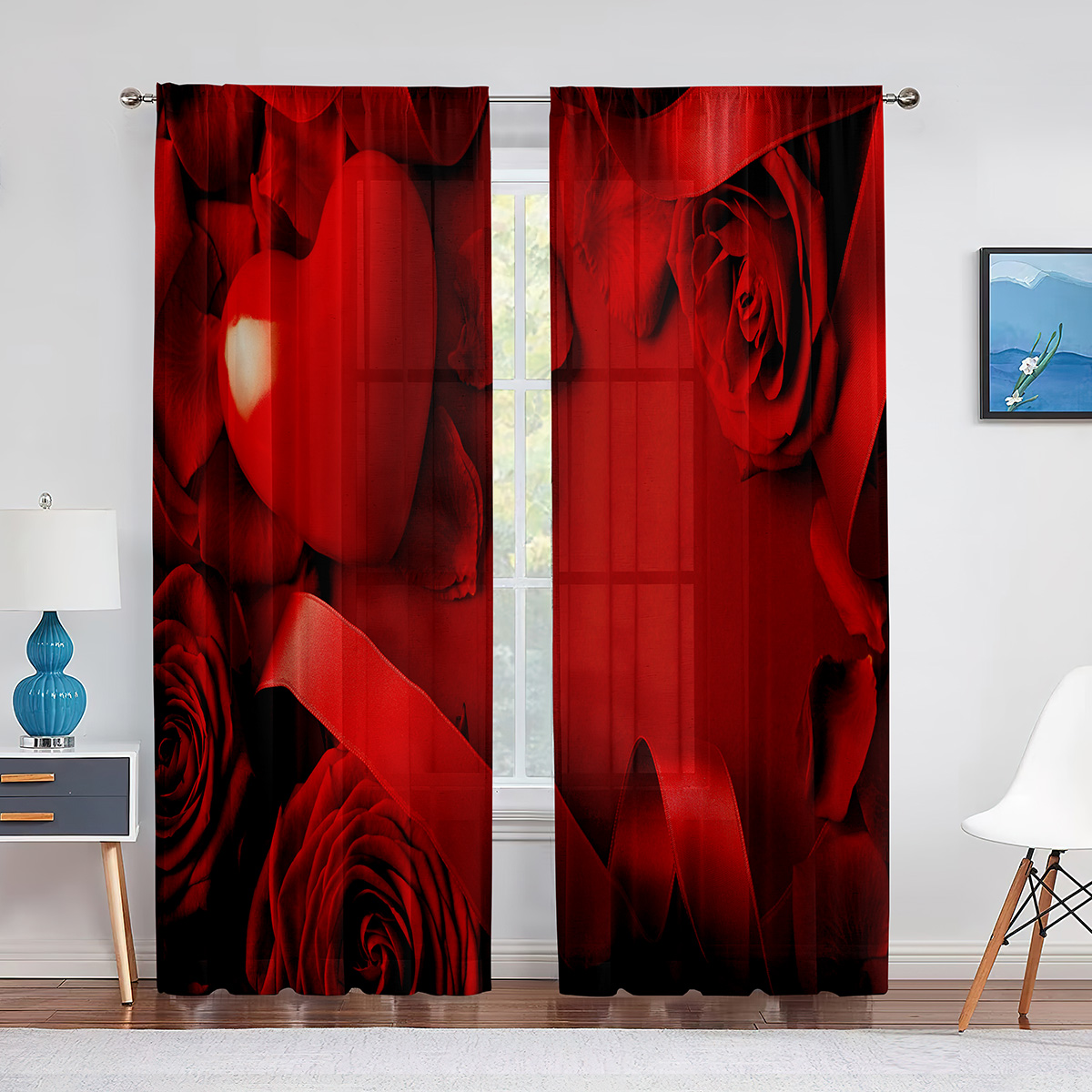 Red Rose Valentine's Day Floral Romance Tulle Sheer Window Curtains for ...