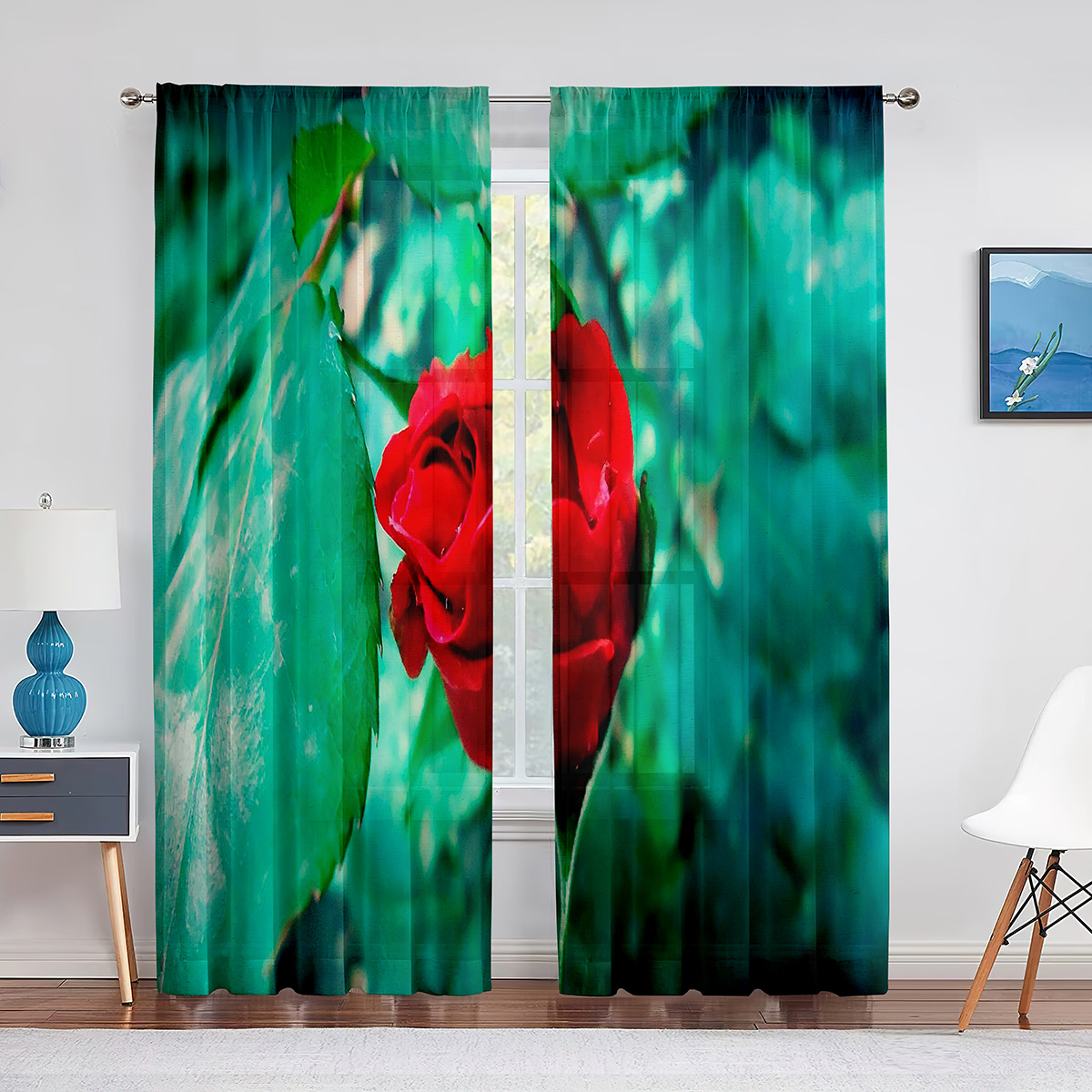 Red Rose Valentine's Day Floral Romance Tulle Sheer Window Curtains for ...