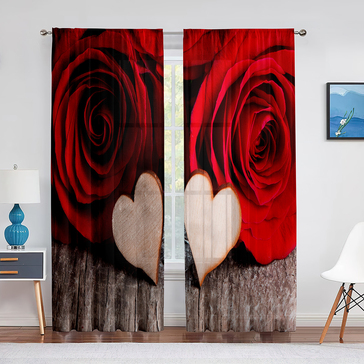 Red Rose Valentine's Day Floral Romance Tulle Sheer Window Curtains for ...