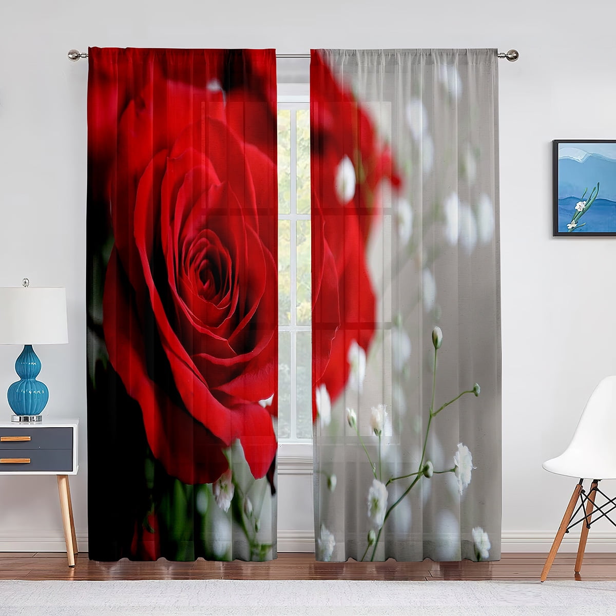Red Rose Valentine's Day Floral Romance Tulle Sheer Window Curtains for ...